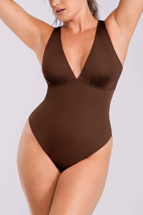 SHAPELLX Airslim Deep V-neck Cross Back Shaping Bodysuit - Mocha Brown