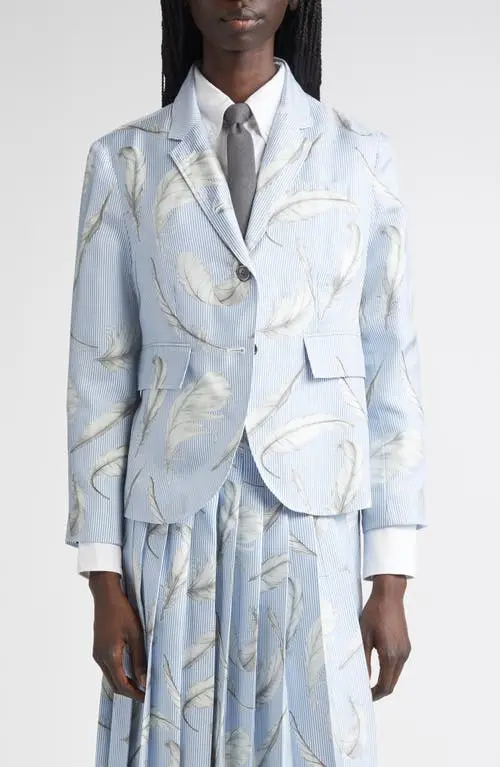 Thom Browne Feather Print Striped Silk Blazer - Light Blue