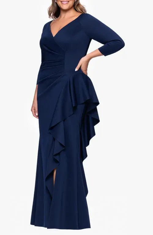 XSCAPE EVENINGS Ruched Scuba Knit Ruffle Gown - Midnight