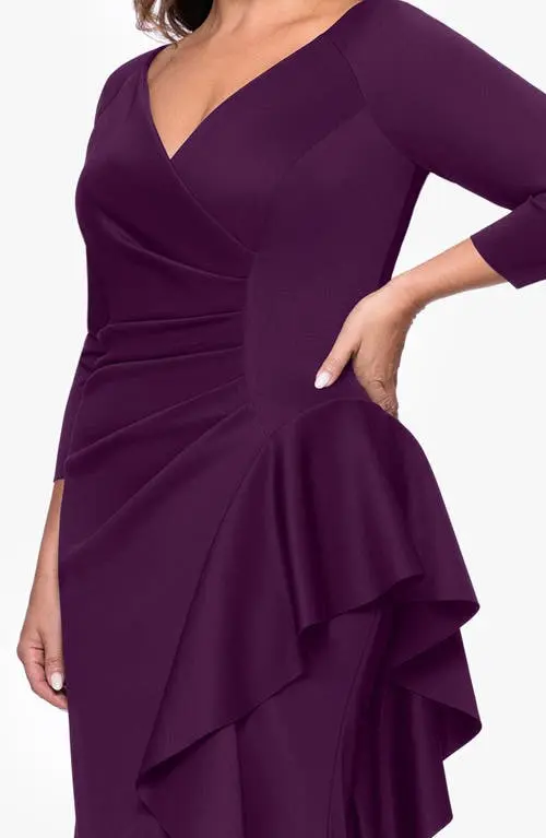 XSCAPE EVENINGS Ruched Scuba Knit Ruffle Gown - Plum