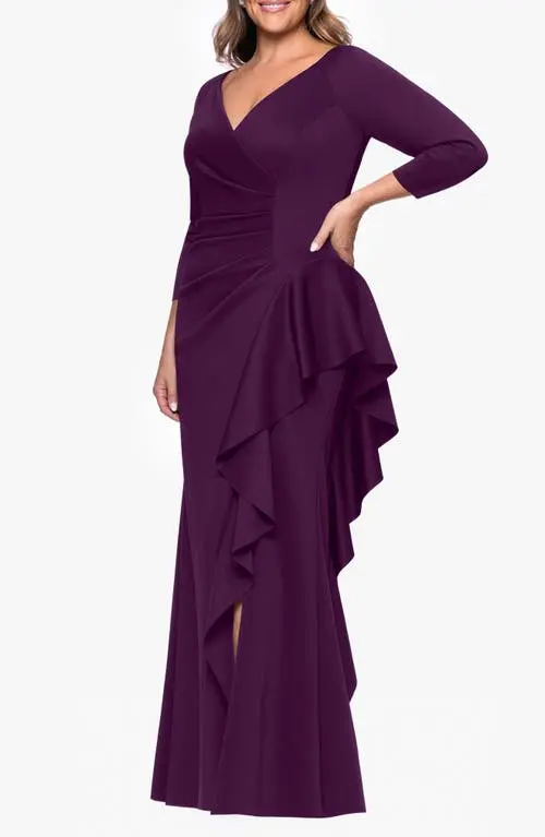 XSCAPE EVENINGS Ruched Scuba Knit Ruffle Gown - Plum