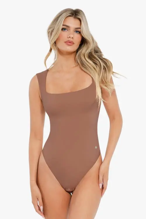 POPILUSH Cloudsense Sleeveless Square Neck Bodysuit - Mocha Brown