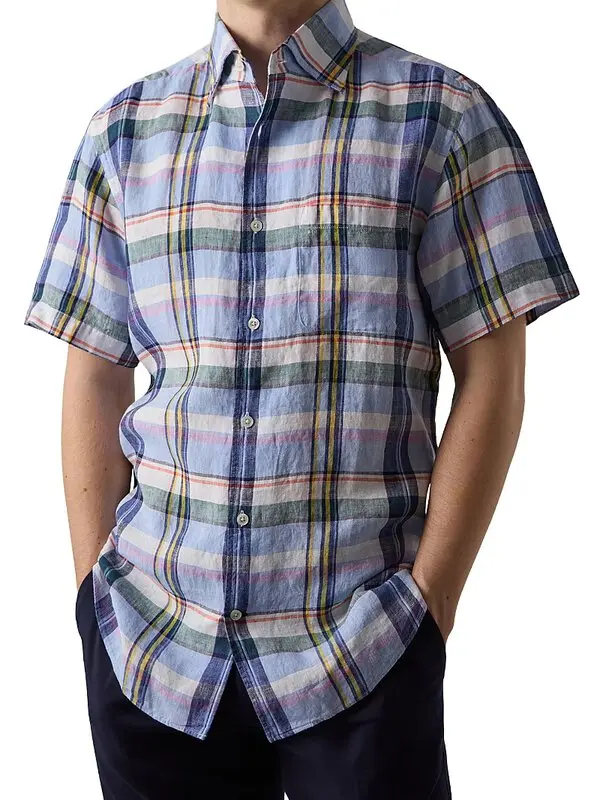 Robert Talbott Morgan Plaid Linen Short Sleeve Shirt - Blue Multi