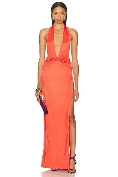 Retrofete Corralee Halterneck Maxi Dress With Plunging Neckline And Front Knot Accent - Geranium