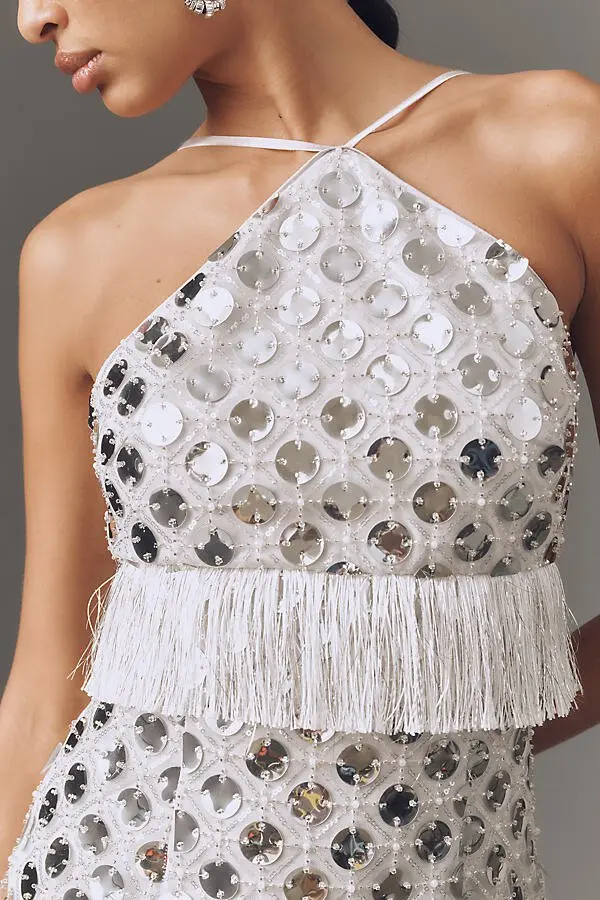 silver halter neck fringe mini dress Stay Halter Neck Sequin Mini Dress Silver main image 0