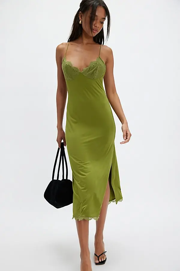 slim fit dress slacks Lime Green Slip Satin Midi Dress – Gabi Swimwear main image 1