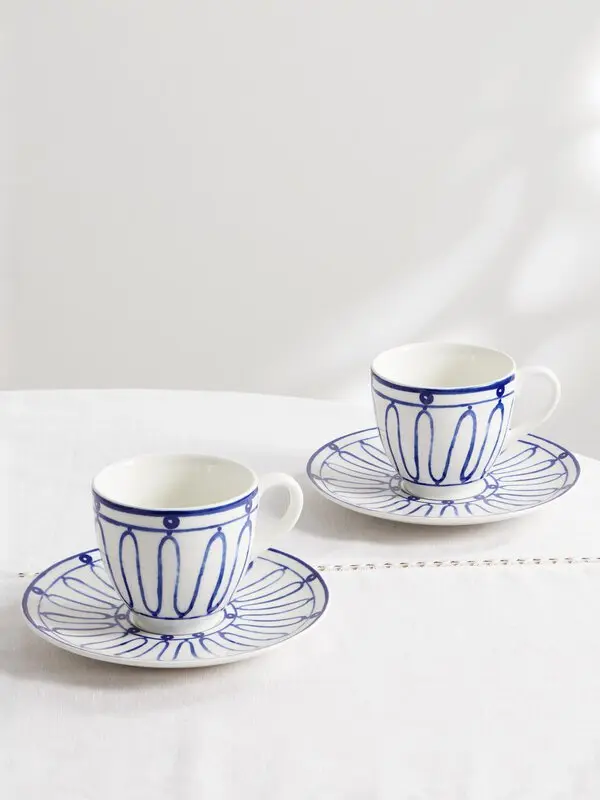 Themis Z Kyma Set Of Two Painted Porcelain Cups And Saucers - Blue