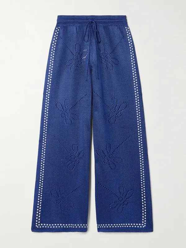 Calle Del Mar Garden Party Pointelle-knit Wide-leg Pants - Blue
