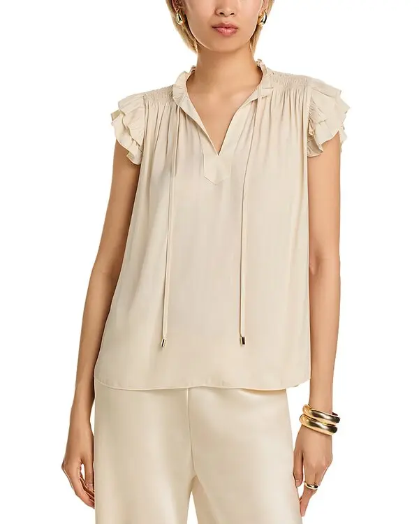 T Tahari Flutter Sleeve Split Neck Airflow Blouse - French Beige