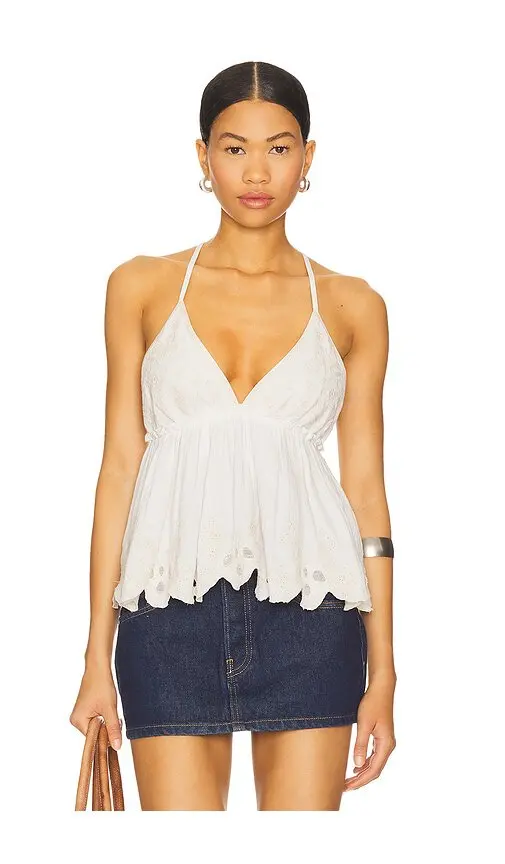 Free People Sunny Days Cami Embroidered Linen Blend With Scalloped Trim - Ivory