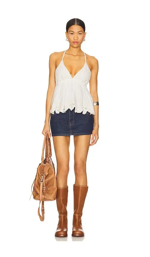Free People Sunny Days Cami Embroidered Linen Blend With Scalloped Trim - Ivory