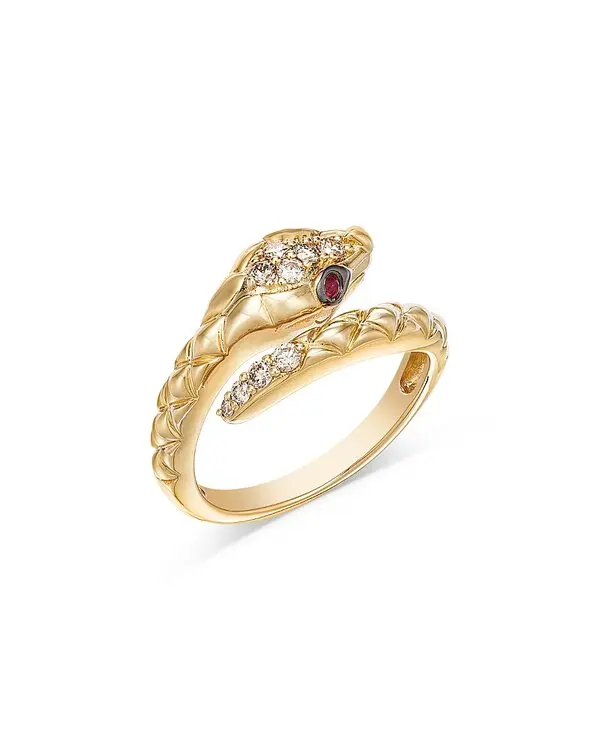 Bloomingdale'S 14k Yellow Gold Champagne Diamond & Ruby Snake Ring - Red/gold