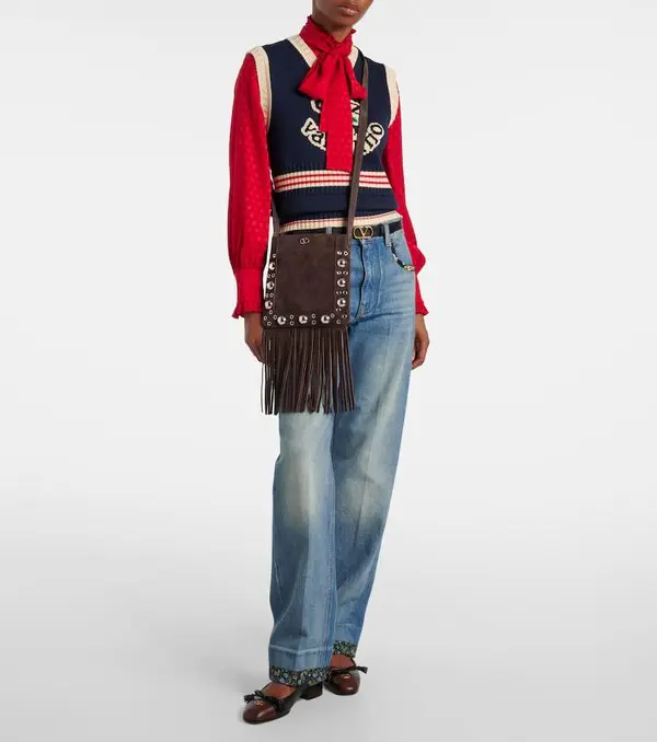 Valentino Garavani Nellcôte Small Fringed Shoulder Bag - Brown