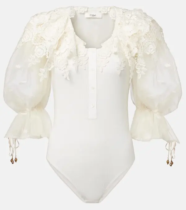 Chloé Guipure Lace-trimmed Cotton Bodysuit - White