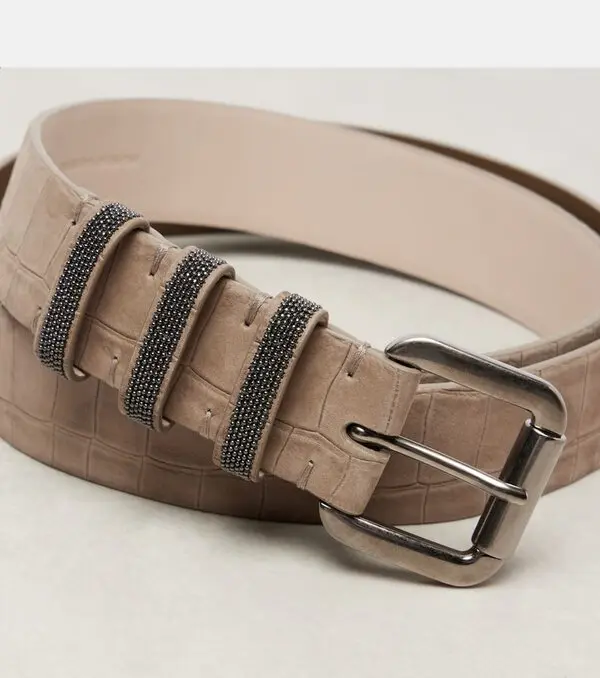 Brunello Cucinelli Monili Croc-effect Suede Belt