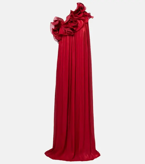 Costarellos Charmain Ruffled Georgette Lamé Gown - Red