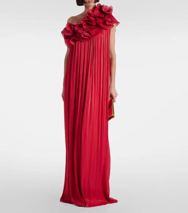 Costarellos Charmain Ruffled Georgette Lamé Gown - Red