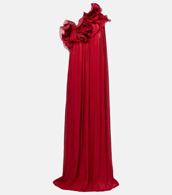 Costarellos Charmain Ruffled Georgette Lamé Gown - Red