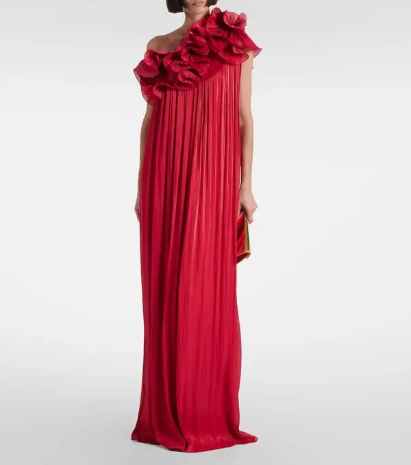 Costarellos Charmain Ruffled Georgette Lamé Gown - Red