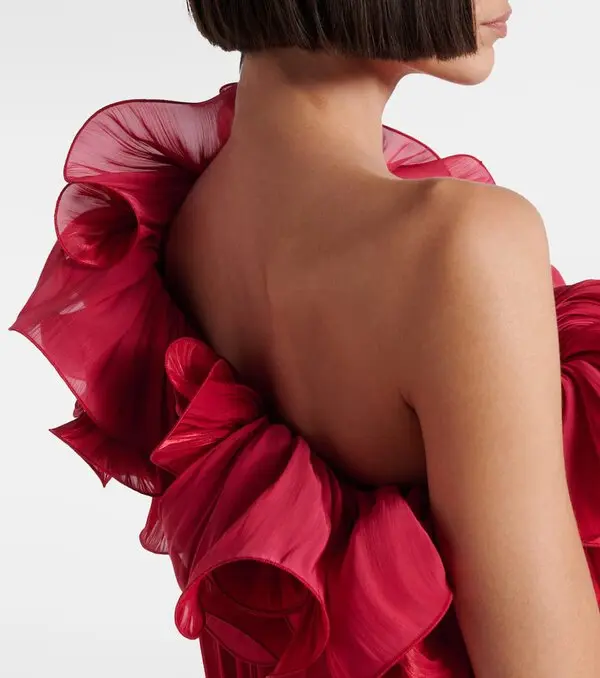 Costarellos Charmain Ruffled Georgette Lamé Gown - Red