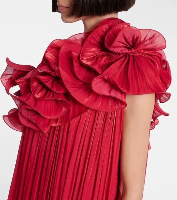 Costarellos Charmain Ruffled Georgette Lamé Gown - Red