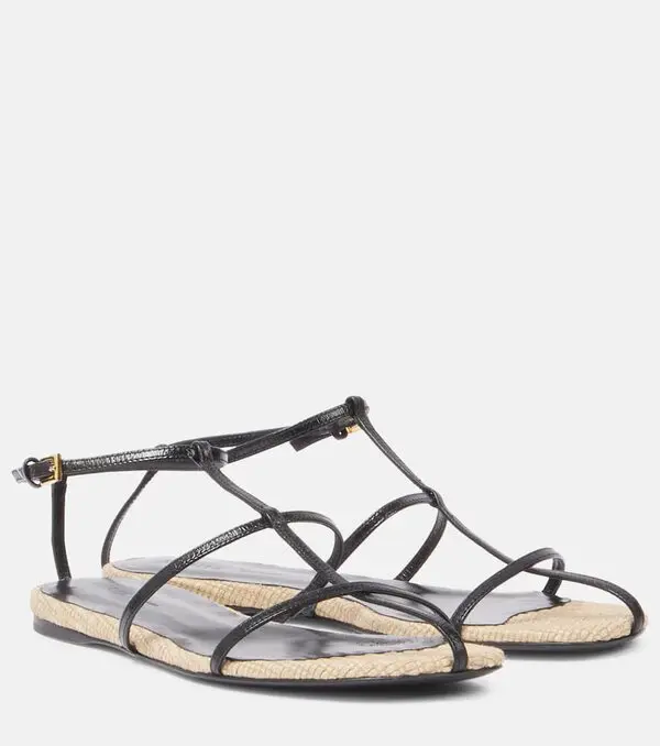 Khaite Cage Raffia-trimmed Leather Sandals - Black