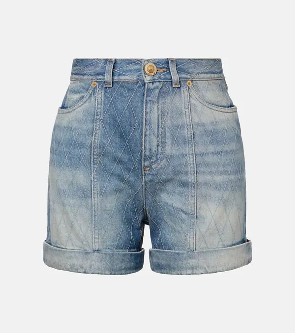 Balmain Quilted Diamond Pattern Denim Shorts