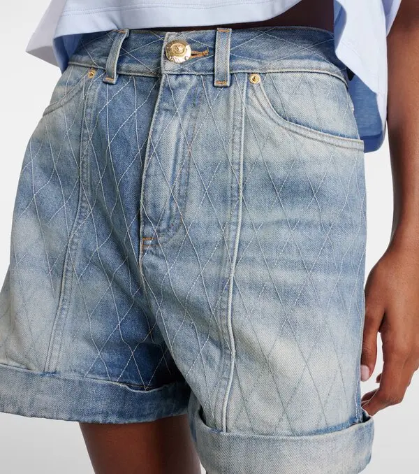 Balmain Quilted Diamond Pattern Denim Shorts