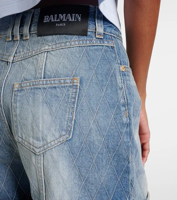Balmain Quilted Diamond Pattern Denim Shorts