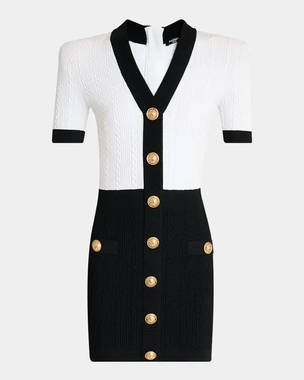 Balmain V-neck Torsade Knit Mini Dress - Blkwhite