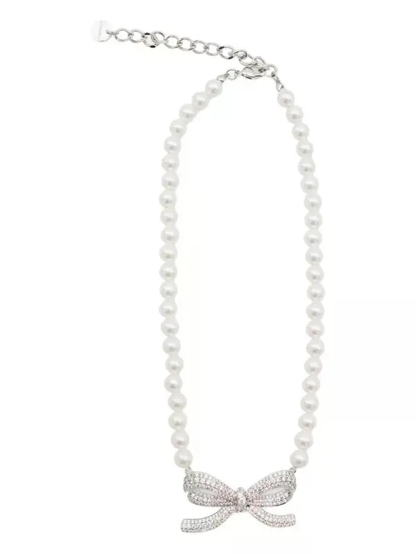 SELF-PORTRAIT Bow Pearl Necklace - Silver