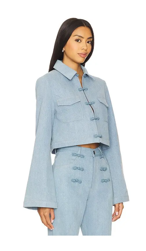 SAU LEE Cropped Denim Jacket With Mandarin Button Closure