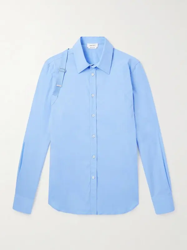 Alexander McQueen Slim-fit Harness-detailed Stretch-cotton Shirt Uk/us 15 - Blue