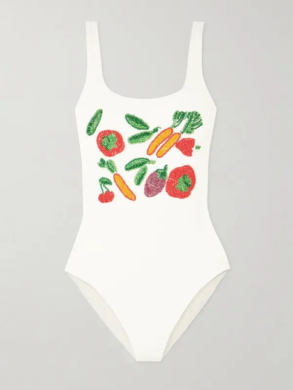 Staud Lea Bead-embellished Swimsuit - White