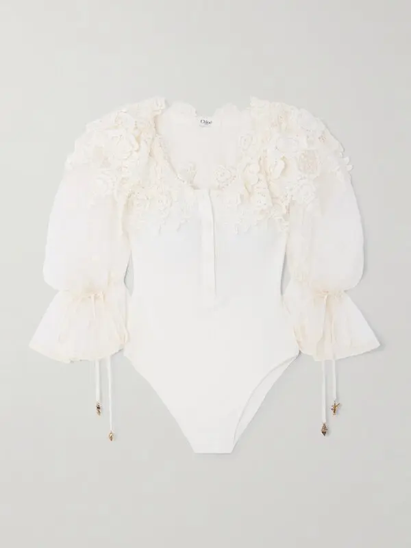 Chloé Embellished Lace-trimmed Cotton Bodysuit