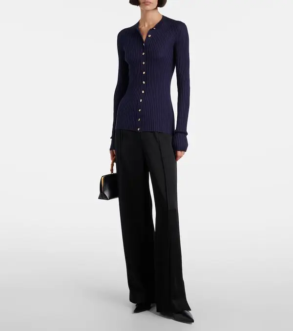 JIL SANDER Ribbed-knit Silk Cardigan - Blue