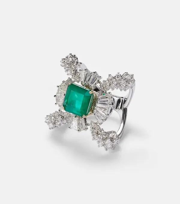 Yeprem 18kt White Gold Ring With Emerald And Diamonds - Silver