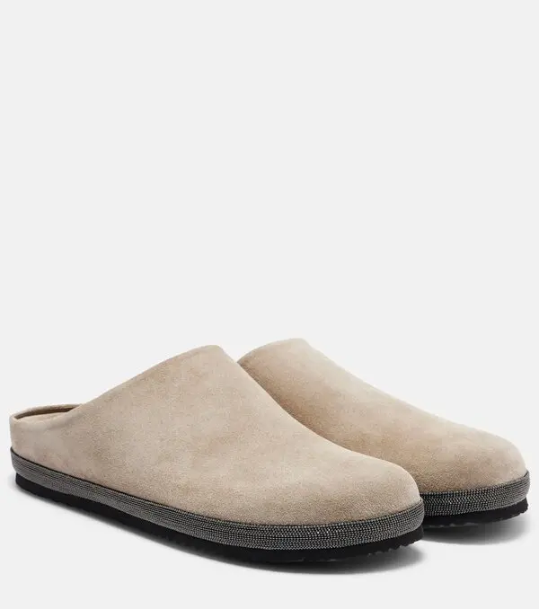 Brunello Cucinelli Monili Suede Clogs - Beige