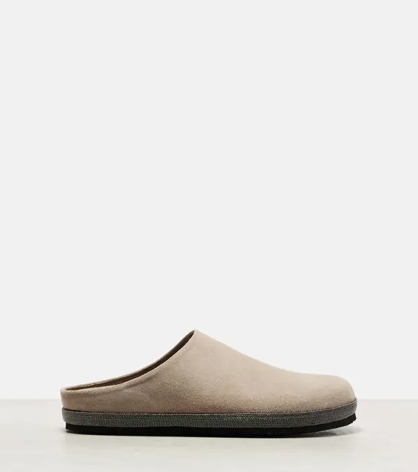Brunello Cucinelli Monili Suede Clogs - Beige