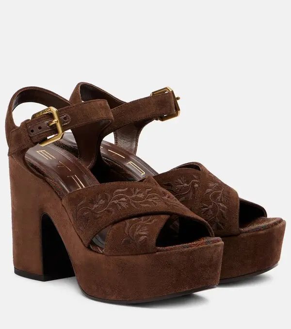 Etro Floral Embroidered Suede Platform Sandals