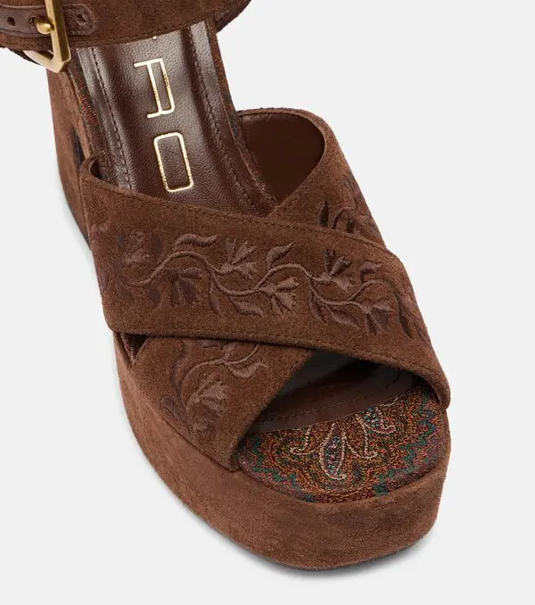 Etro Floral Embroidered Suede Platform Sandals