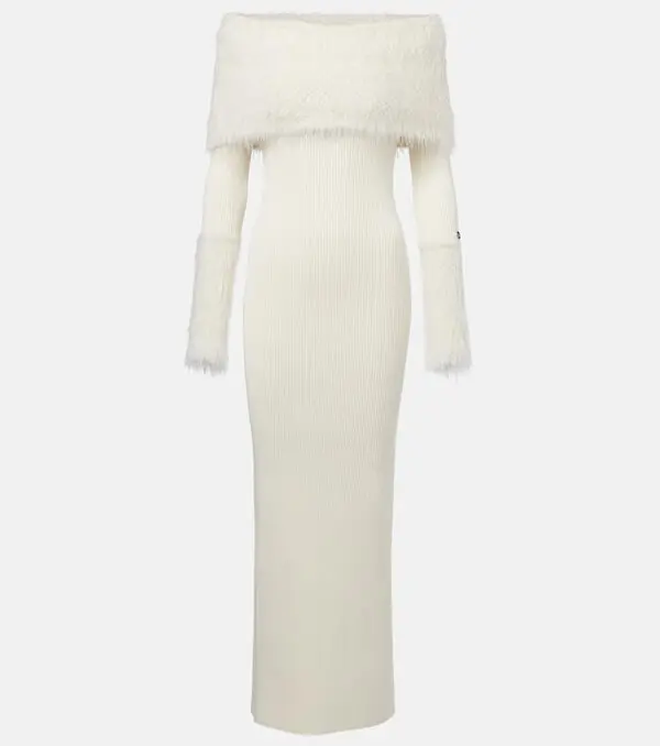 JEAN PAUL GAULTIER Ribbed-knit Faux Fur-trimmed Maxi Dress - White