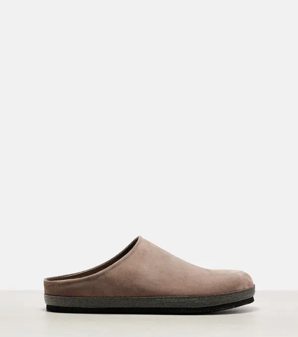 Brunello Cucinelli Monili Suede Clogs - Beige