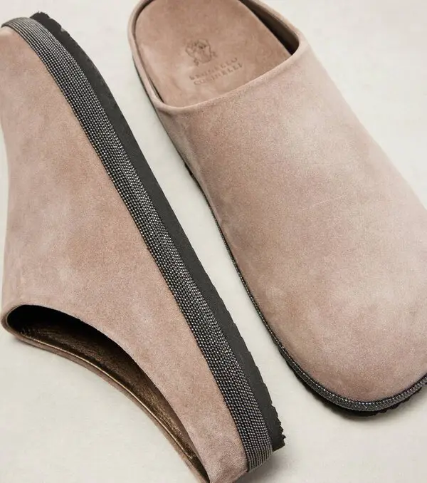 Brunello Cucinelli Monili Suede Clogs - Beige