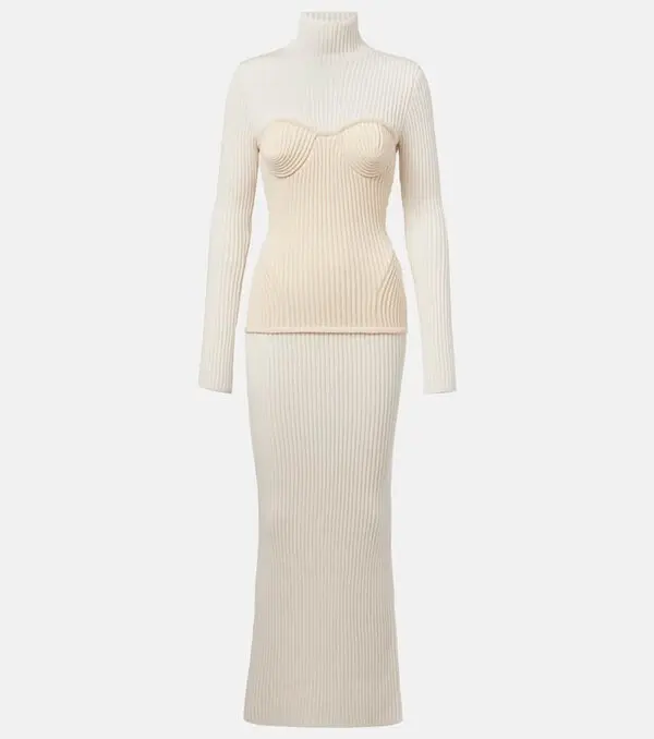 JEAN PAUL GAULTIER Ribbed-knit Wool-blend Maxi Dress - White