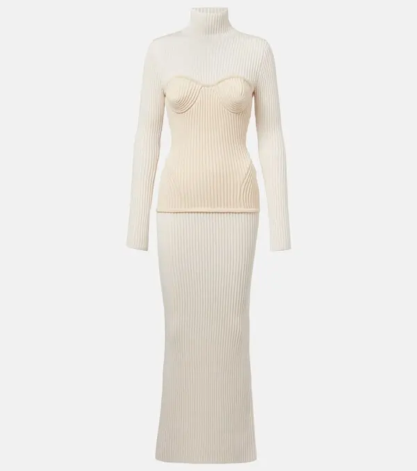 JEAN PAUL GAULTIER Ribbed-knit Wool-blend Maxi Dress - White