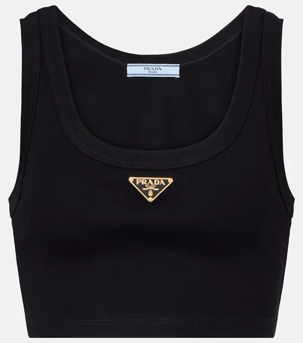 Prada Logo Cotton Crop Top - Black