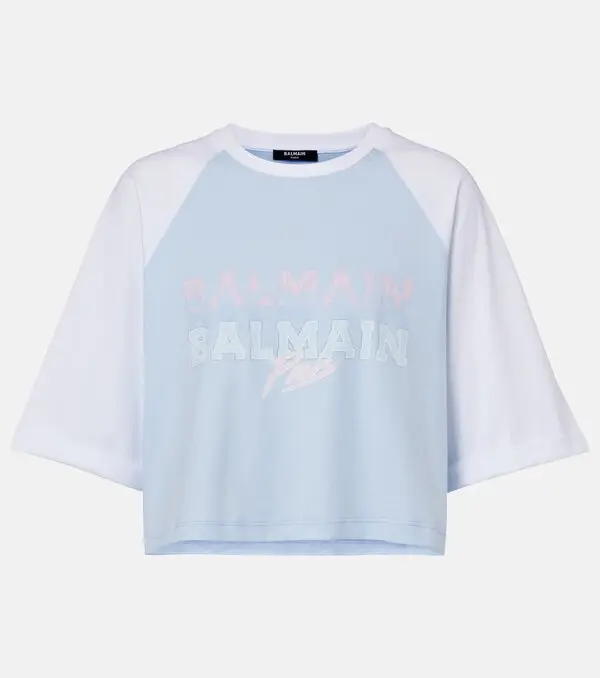 Balmain Logo Cropped Cotton Jersey T-shirt - Blue