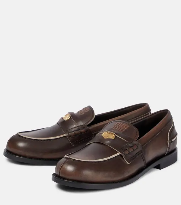 Miu Miu Embellished Leather Loafers - Brown