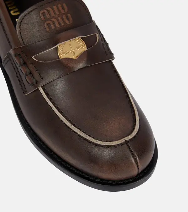 Miu Miu Embellished Leather Loafers - Brown